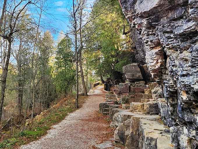 Stone steps and autumn leaves create the kind of trail that makes you want to cancel your gym membership.