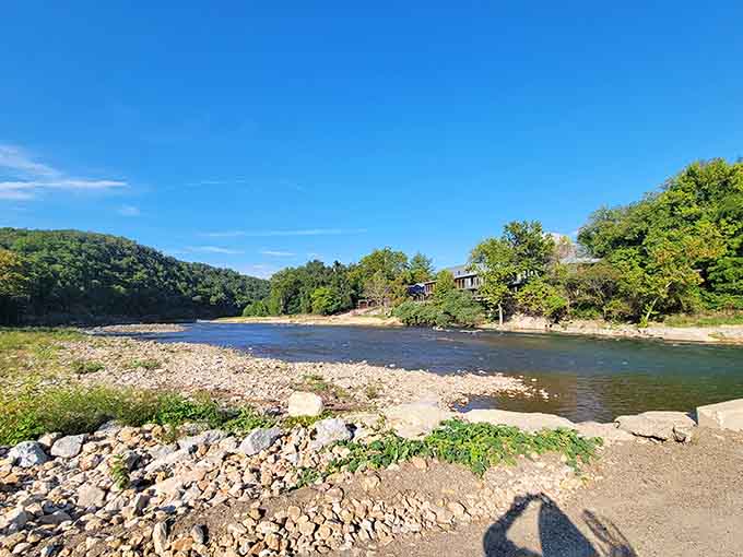 Gravel bars along the river create natural beaches that rival anything you'd drive hours to find.