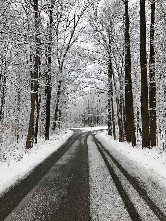 Winter transforms these roads into scenes straight out of a Hallmark movie, but with better production values.
