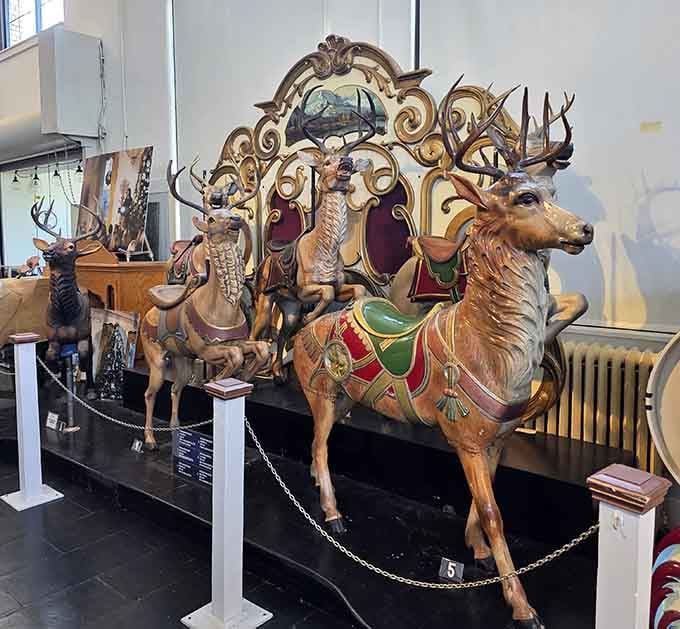 Majestic deer figures with antlers that took some carver countless hours to perfect, one chisel stroke at a time.