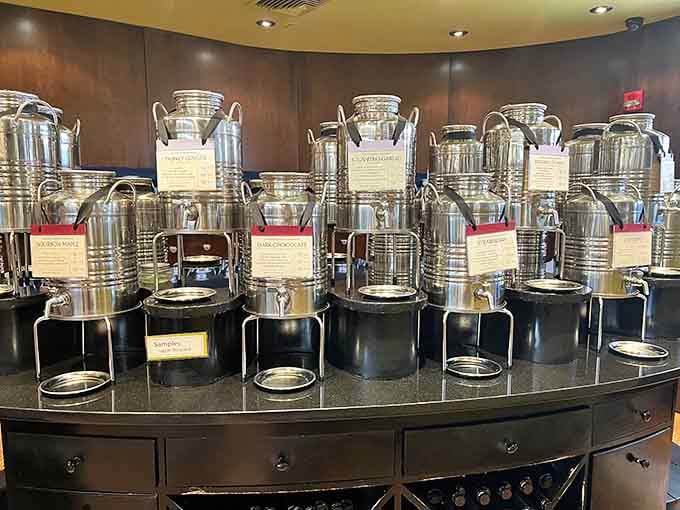 Gleaming steel dispensers lined up like a coffee lover's version of the Radio City Rockettes, each one caffeinated perfection.