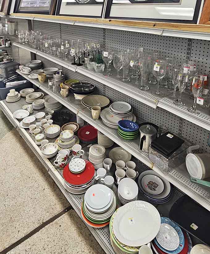 Glassware and dishes stacked like edible archaeology, each piece waiting to host your next memorable meal or beverage.