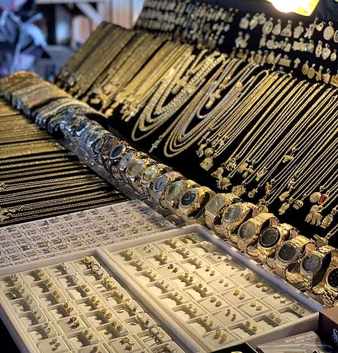 Jewelry displays stretching endlessly, offering everything from costume pieces to genuine finds that'll make your friends ask where you shop.