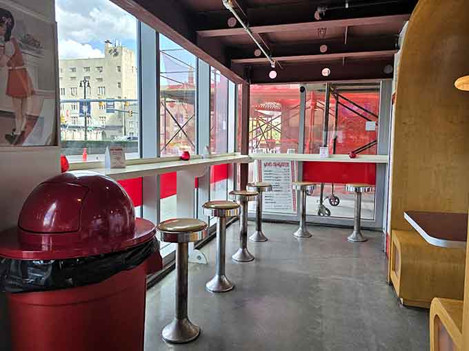 Window seats offer prime people-watching while you devour your spaghetti in downtown Detroit style.