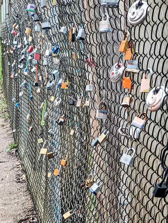 Visitors leave padlocks on the fence, creating an unexpected tradition at this haunted landmark, because apparently we all need closure.