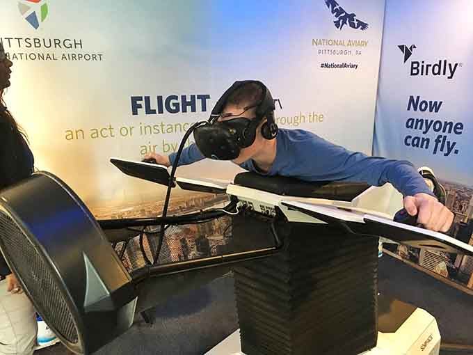 The Birdly VR simulator lets you feel what it's like to soar over Pittsburgh. Your arms will flap. There's no avoiding it.