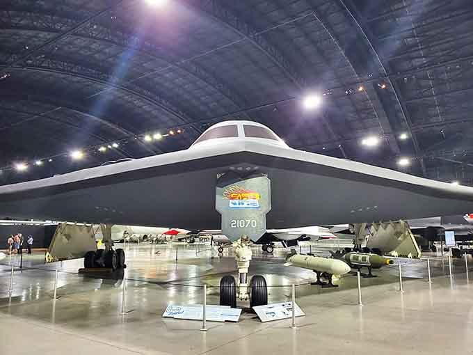 The B-2 Spirit bomber's sleek angles make it look like tomorrow's technology sitting in today's hangar.