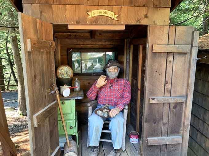 Silas the miner sits ready to share tales, though he's been taking the same break for years.