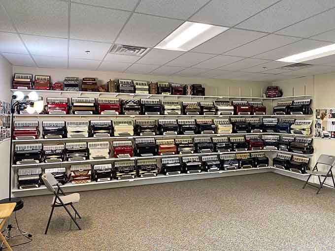 This wall of accordions represents decades of collecting, restoring, and celebrating an instrument that deserves far more respect.