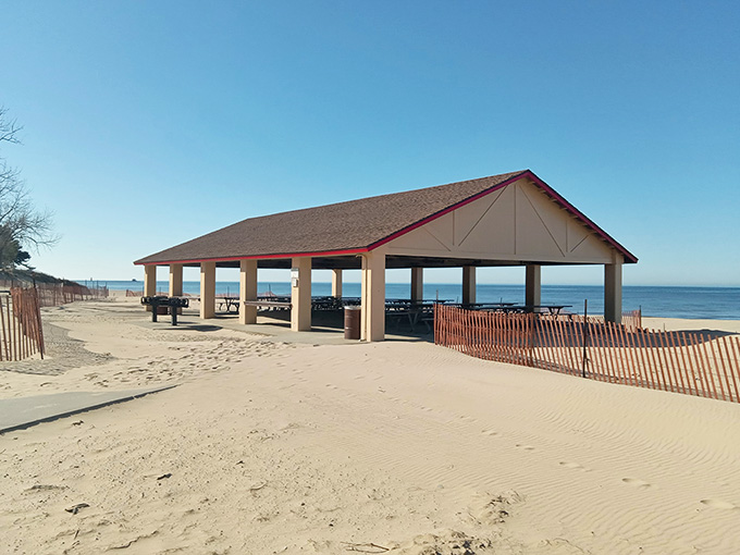 The pavilion offers shade and picnic tables, because even sun worshippers need a break from the rays.