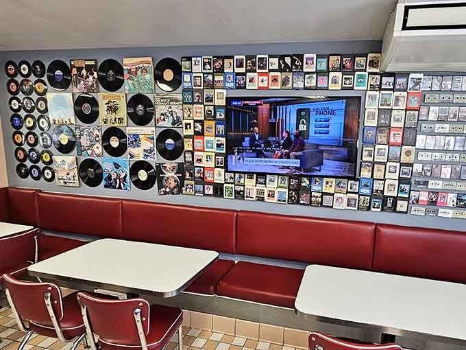 Vinyl records and vintage memorabilia cover these walls like a greatest hits album of American pop culture.