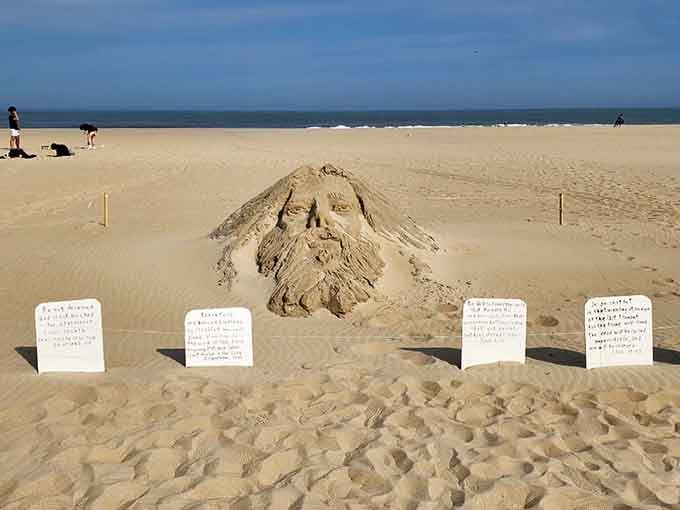 This sand sculpture has better facial hair than most people can grow, which is both impressive and slightly unsettling.