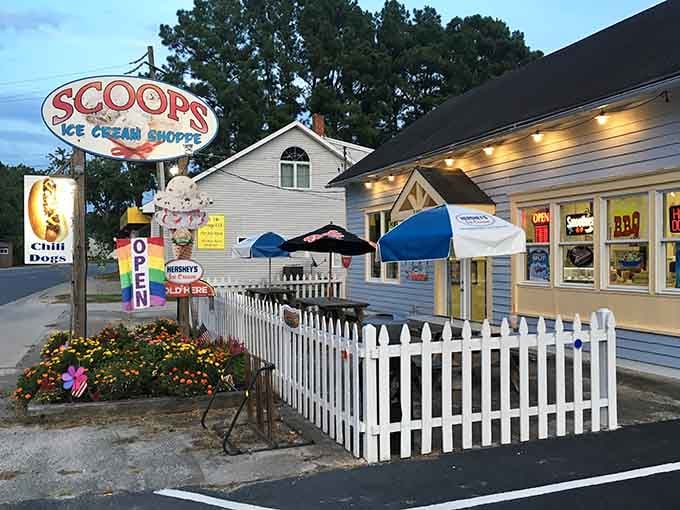 Scoops Ice Cream Shoppe promises sweet relief with that vintage sign practically begging you to stop.