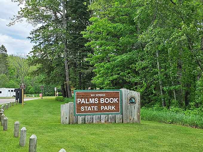 The park entrance welcomes visitors to Michigan's largest natural spring, understating what lies beyond those trees.