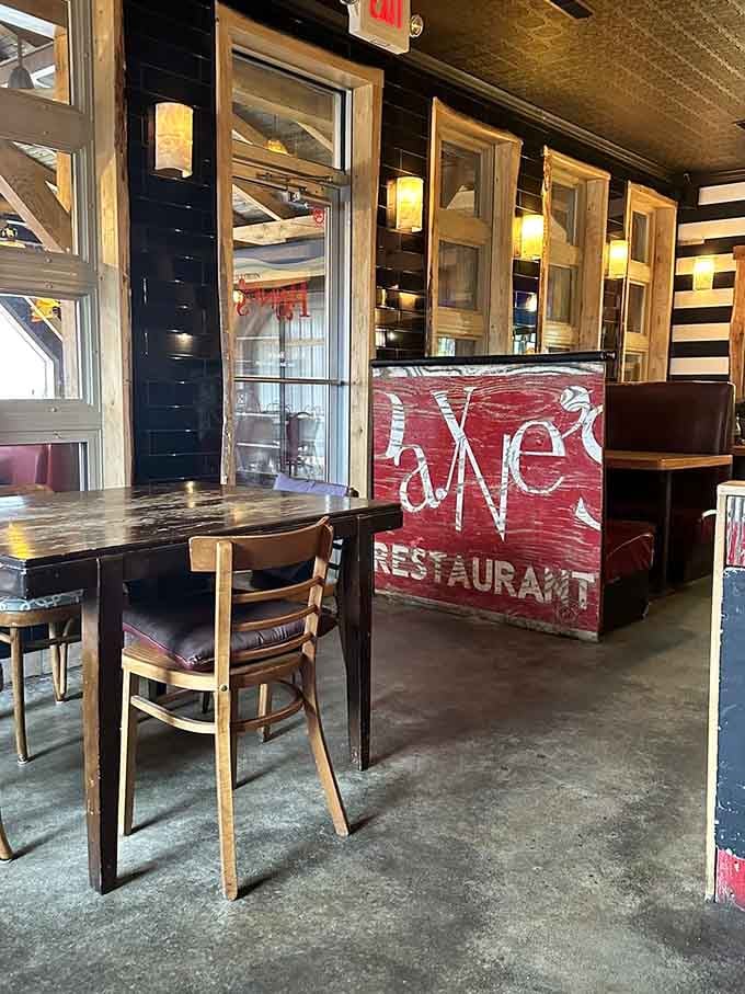 The rustic interior blends reclaimed wood with modern touches, creating a space that feels both fresh and familiar.