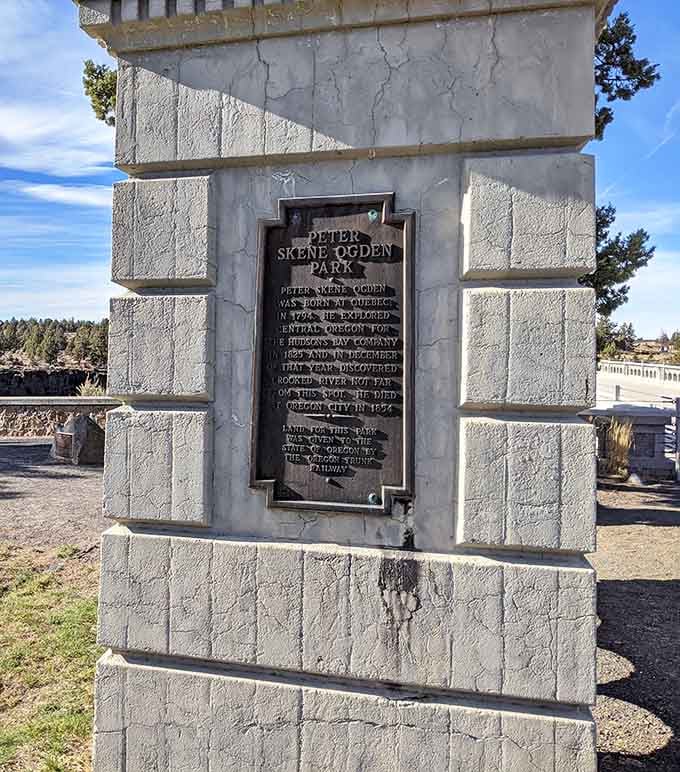 The memorial plaque honors Peter Skene Ogden, the fur trapper who explored this dramatic landscape centuries ago.