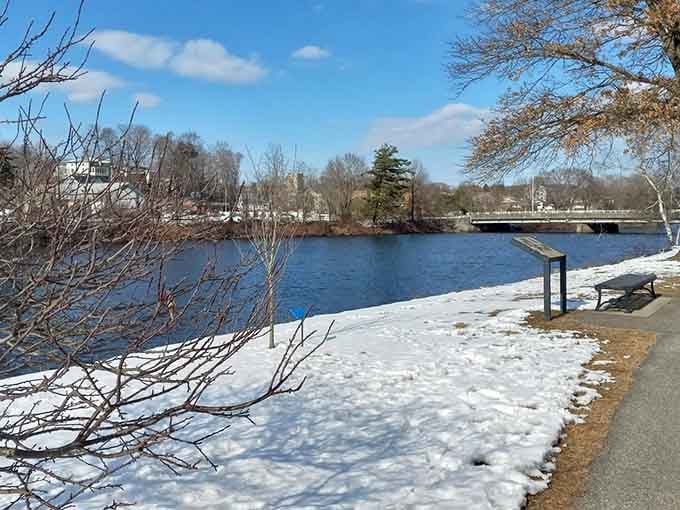 Winter transforms the riverside into a peaceful scene that looks cold but feels surprisingly meditative and calming.