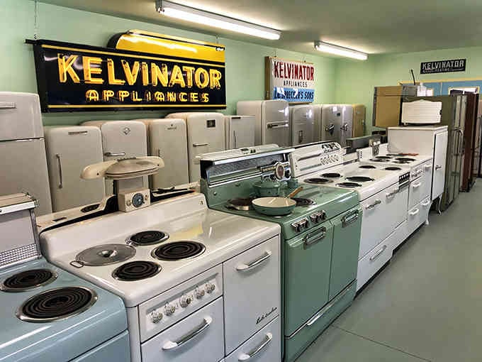 A lineup of vintage Kelvinator stoves that cooked countless family dinners before microwaves ruined everything we held dear.