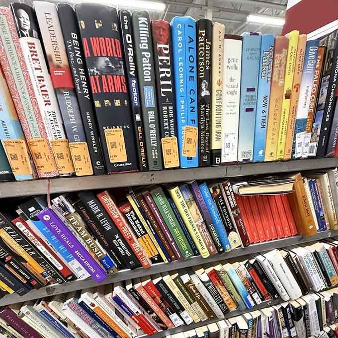 Shelves packed with stories and knowledge, each spine representing hours of entertainment for just pocket change prices.
