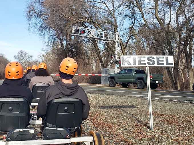 Rolling through Kiesel with helmets on and worries off, living your best rail-biking life.