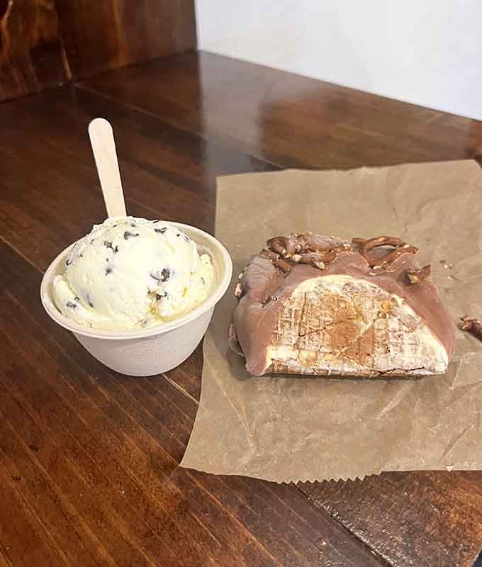 White chocolate mint chip awaits its destiny inside a fresh waffle taco shell, a match made in dessert heaven.