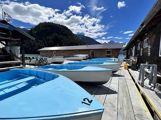 Your chariot awaits: bright blue boats ready to ferry you across waters that defy description.