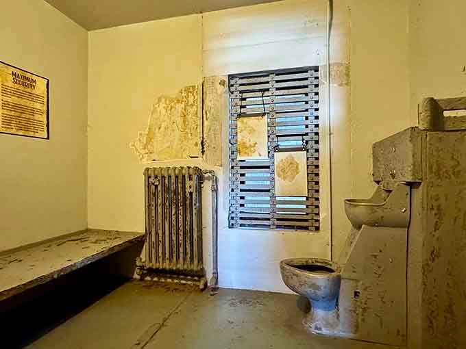 Sparse furnishings and peeling paint tell the story of austere conditions in this rotating detention facility.