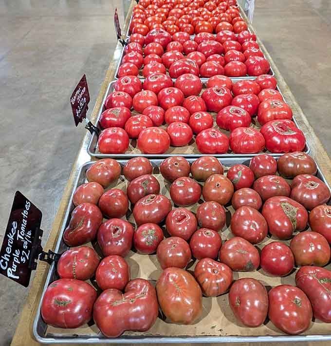 These heirloom tomatoes arranged like jewels remind us that produce can be both beautiful and delicious simultaneously.