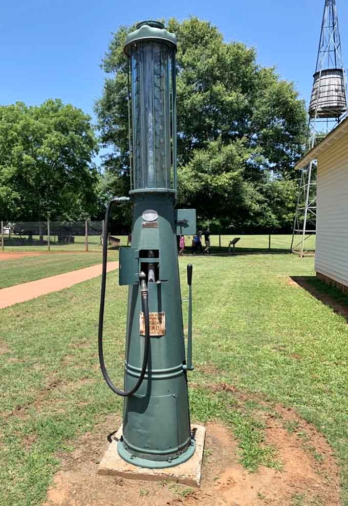 This vintage gas pump stands as a charming reminder of simpler times at the station stops along your route.