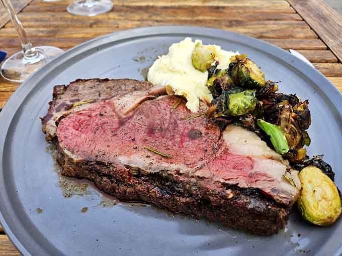 This prime rib means business, cooked to rosy perfection and served with sides that respect the main attraction.