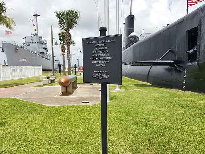 This memorial plaque honors submariners who made the ultimate sacrifice, adding solemn weight to your visit.