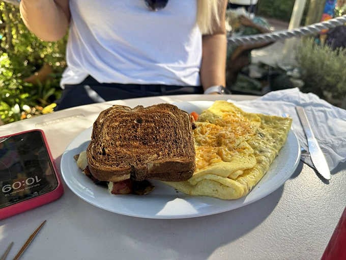 Classic breakfast with eggs, toast, and what appears to be excellent company, which is really the secret ingredient anyway.
