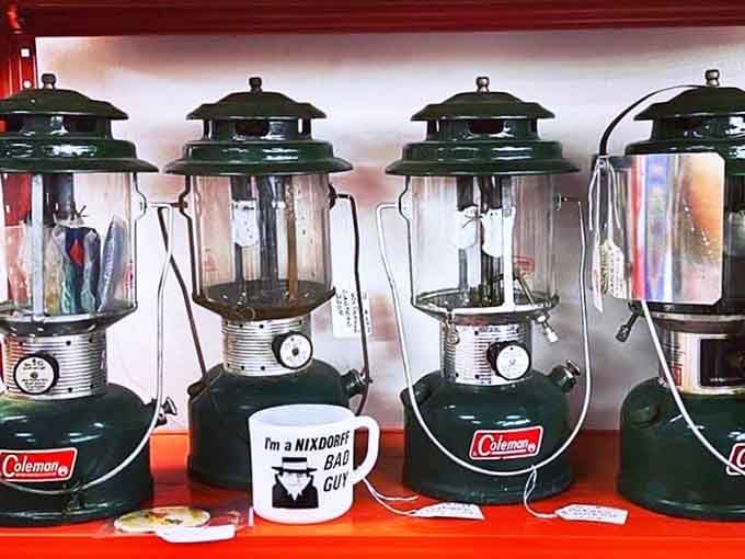 Coleman lanterns standing at attention, ready to illuminate camping trips or just look really cool on shelves.