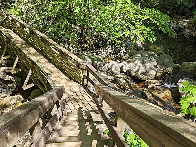 Wooden bridges cross rushing streams, making you feel like you're in an adventure movie without the danger.