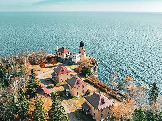 From above, the lighthouse complex looks like a tiny village perched impossibly on the edge of forever.