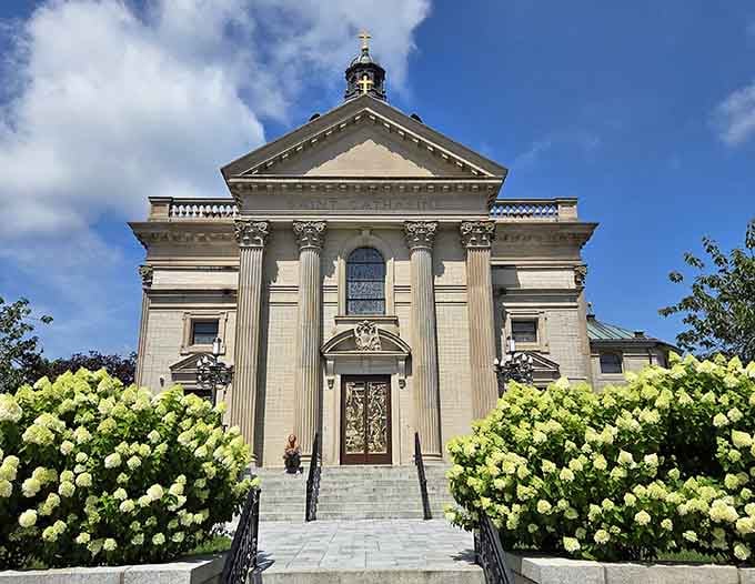 St. Catharine Church surrounded by hydrangeas that are frankly showing off at this point in the season.