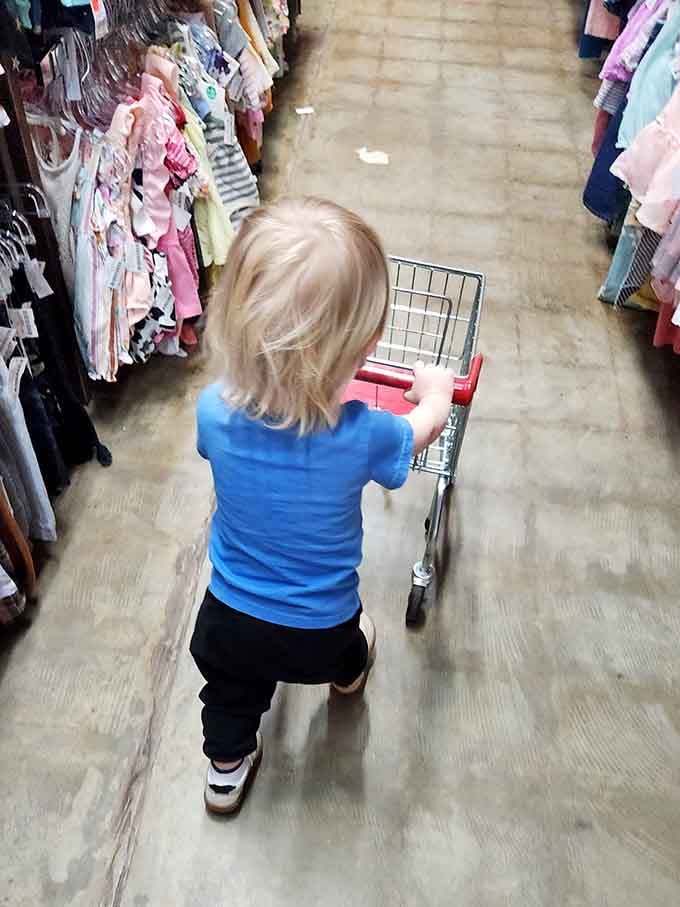 Even the littlest shoppers get their own carts, making them feel important while you hunt for actual deals.