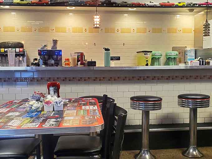 Counter seating with chrome stools where solo diners become regulars and regulars become family members.