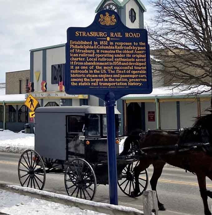 Historical markers tell stories of Pennsylvania's railroad heritage while buggies remind you where you really are.