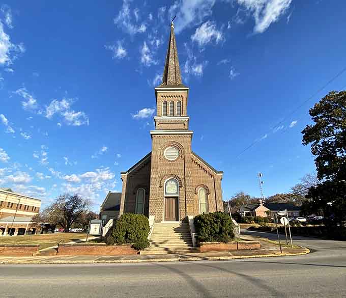 First Presbyterian Church's steeple reaches skyward, a landmark guiding residents home for generations of worship.