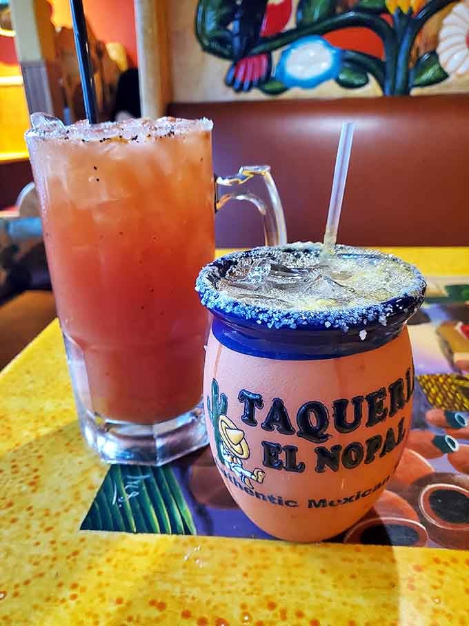 Margaritas in their signature clay mug because even your drink deserves to arrive with personality and flair.