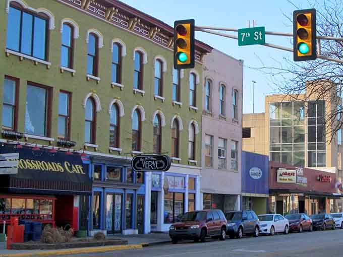 Downtown's colorful storefronts line up like a rainbow of local businesses, each one more affordable to visit than therapy for rent stress.