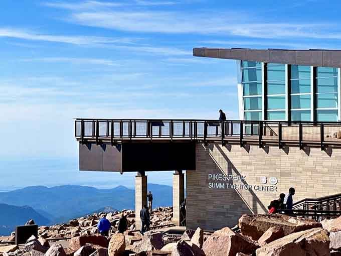 The modern Summit Visitor Center offers warmth and facilities at 14,000 feet, because civilization has its perks even up here.