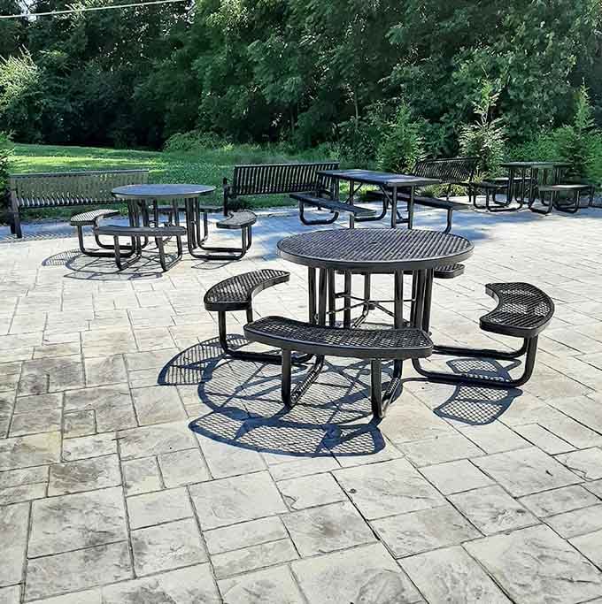 Outdoor seating where you can enjoy your haul while pretending you're on a European countryside vacation.