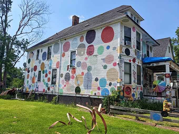 Giant polka dots dance across this Victorian house like confetti that decided to stay permanently for the party.