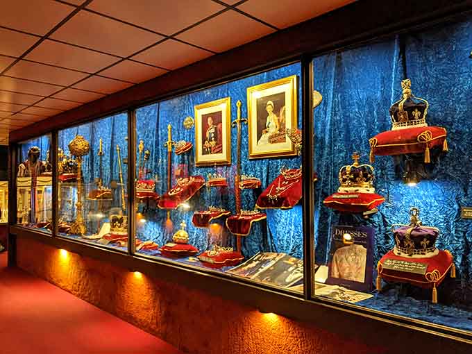 Crown jewels and royal regalia line the walls, making you wonder if someone robbed every palace in Europe.