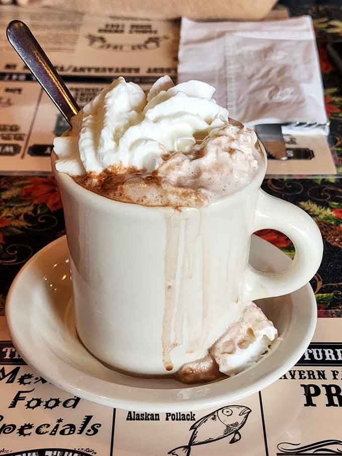 Hot chocolate piled impossibly high with whipped cream, served in a proper mug that's seen more winters than we can count.