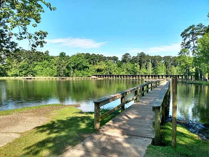 Cherokee Lake Park's fishing pier stretches into calm waters, perfect for contemplating life's important questions.