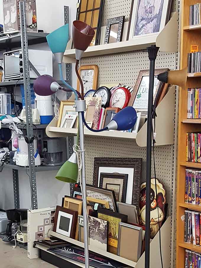 Vintage lamps and picture frames create a quirky gallery wall before you even get them home to arrange.