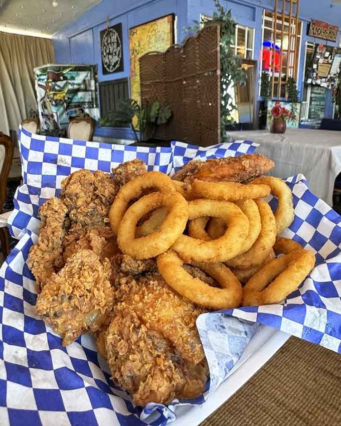 Crispy fried chicken meets perfectly golden onion rings in a combination that would make Elvis himself jealous.
